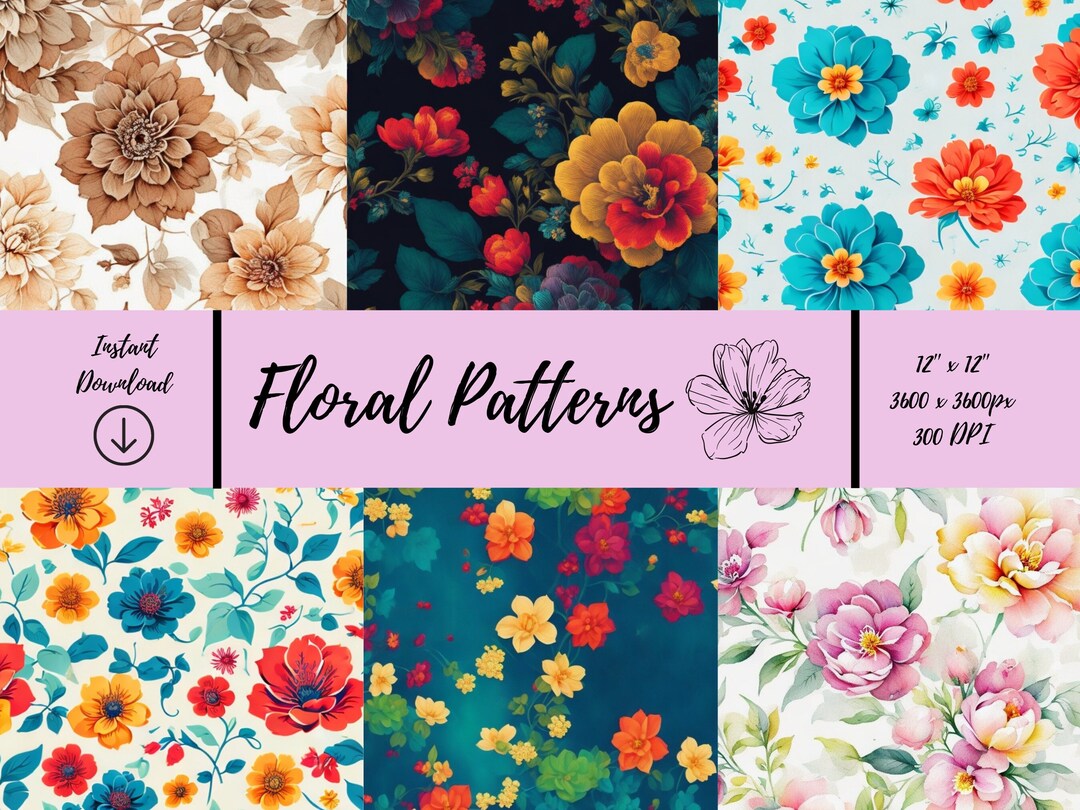 6 X Flowers Digital Paper, Flowers Seamless Pattern, Floral Prints ...