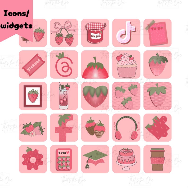 Strawberry App Icons Pack, Pink Aesthetic iPhone Icons, Hand Drawn App ...