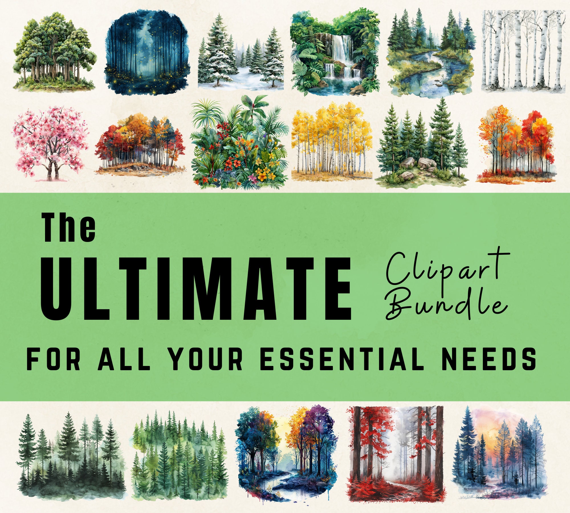 Watercolor Forest Clipart: Woodland Graphics and Forest Backgrounds ...