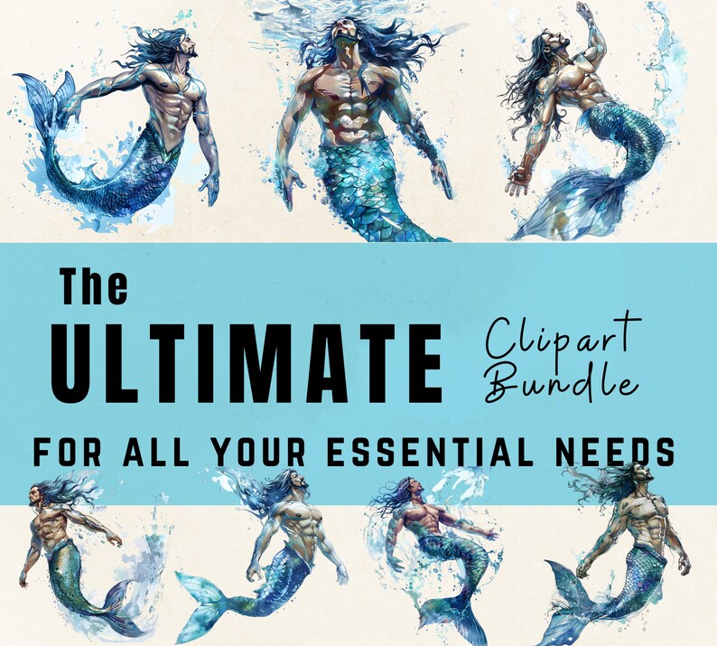 Mermaid Man Watercolor Cliparts Mermaid Man Art Merman Clipart Mermaid ...