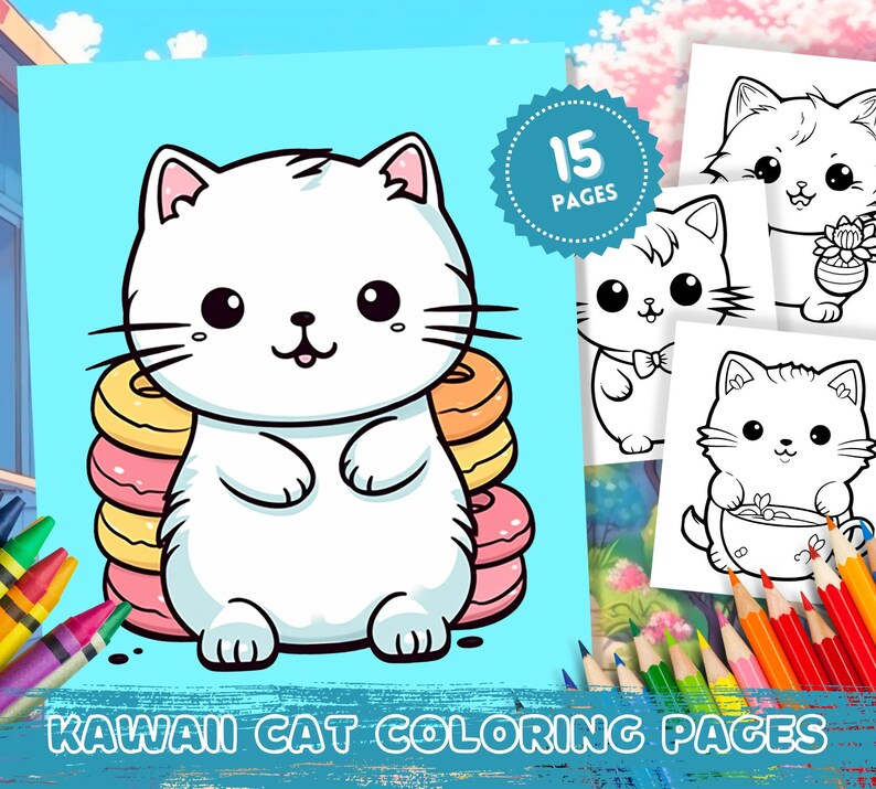 Meow-tastic Fun for Cat Lovers: 15 Kawaii Cat Coloring Pages Instant ...