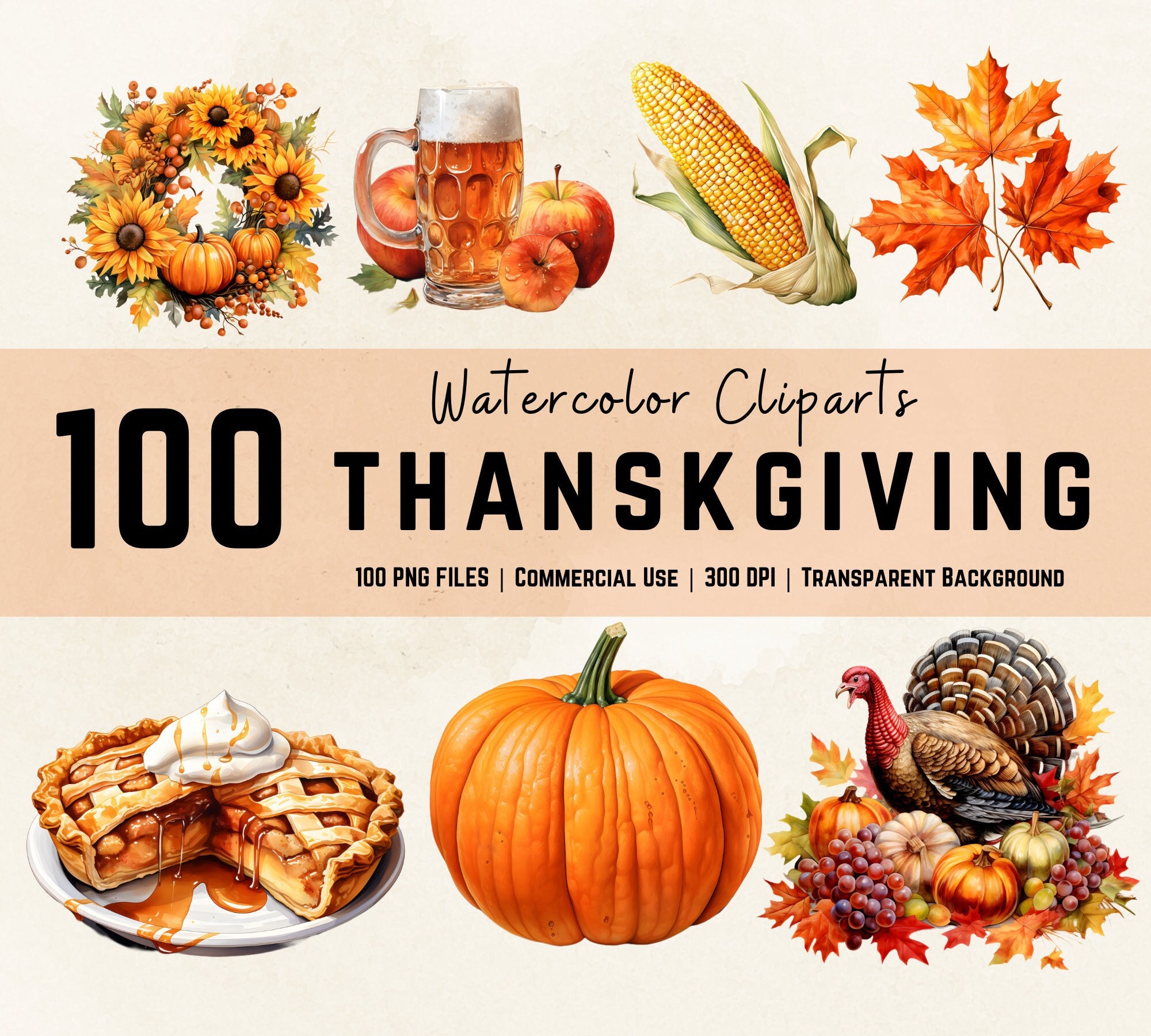 Thanksgiving Watercolor Clipart Bundle: Festive Harvest, Pumpkin ...