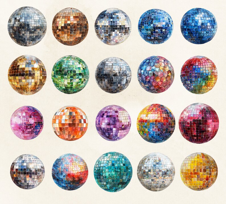 Watercolor Disco Ball Clipart for 70s Party Decor and 80s Dance Mirror ...