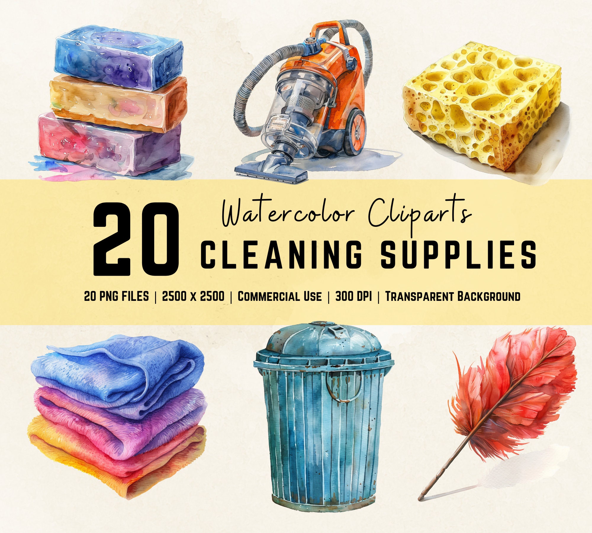 Watercolor Cleaning Clipart Bundle | Chore Clipart | Cleaning Clipart ...