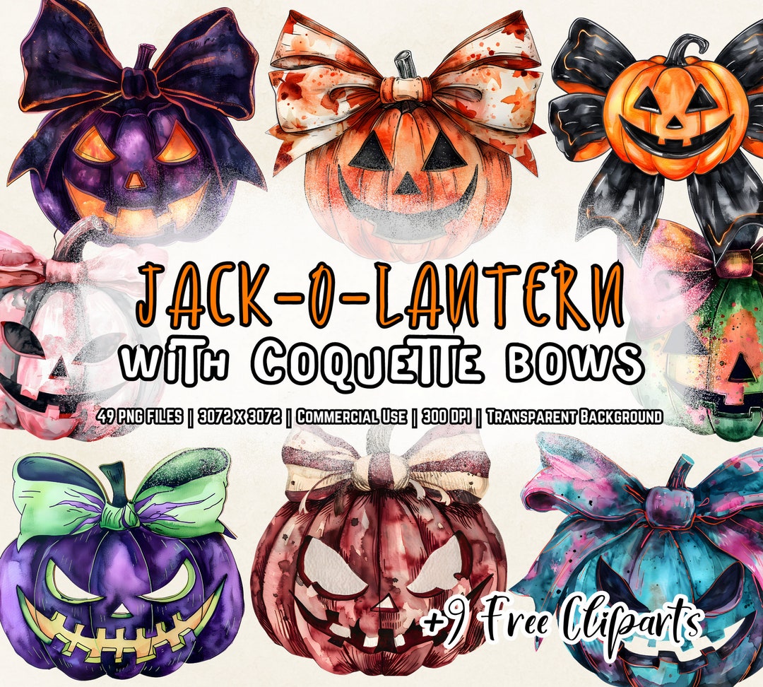 Coquette Bow Halloween Pumpkin Jack O Lanterns: Retro Pumpkin Faces and ...