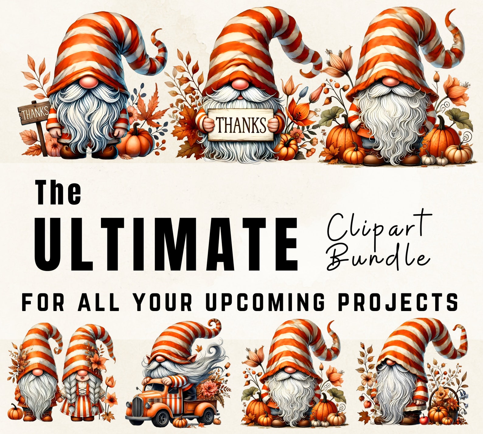 Watercolor Fall Gnomes Clipart PNG Bundle, Autumn Pumpkin Gnomes ...