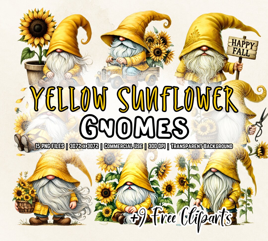 Watercolor Yellow Sunflower Gnome Clipart: Fall Gnomes, Autumn Colors ...
