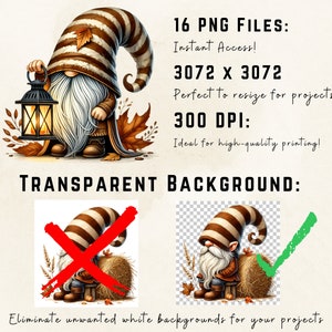 Watercolor Happy Fall Gnome Clipart PNG Bundle: Boho Gnomes, Festive ...