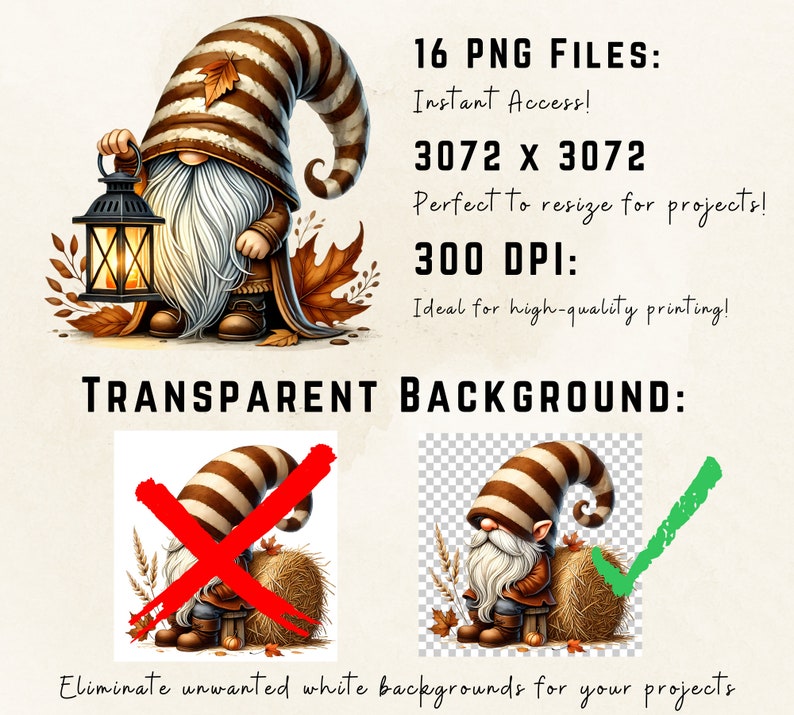 Watercolor Happy Fall Gnome Clipart PNG Bundle: Cute Boho Gnomes ...