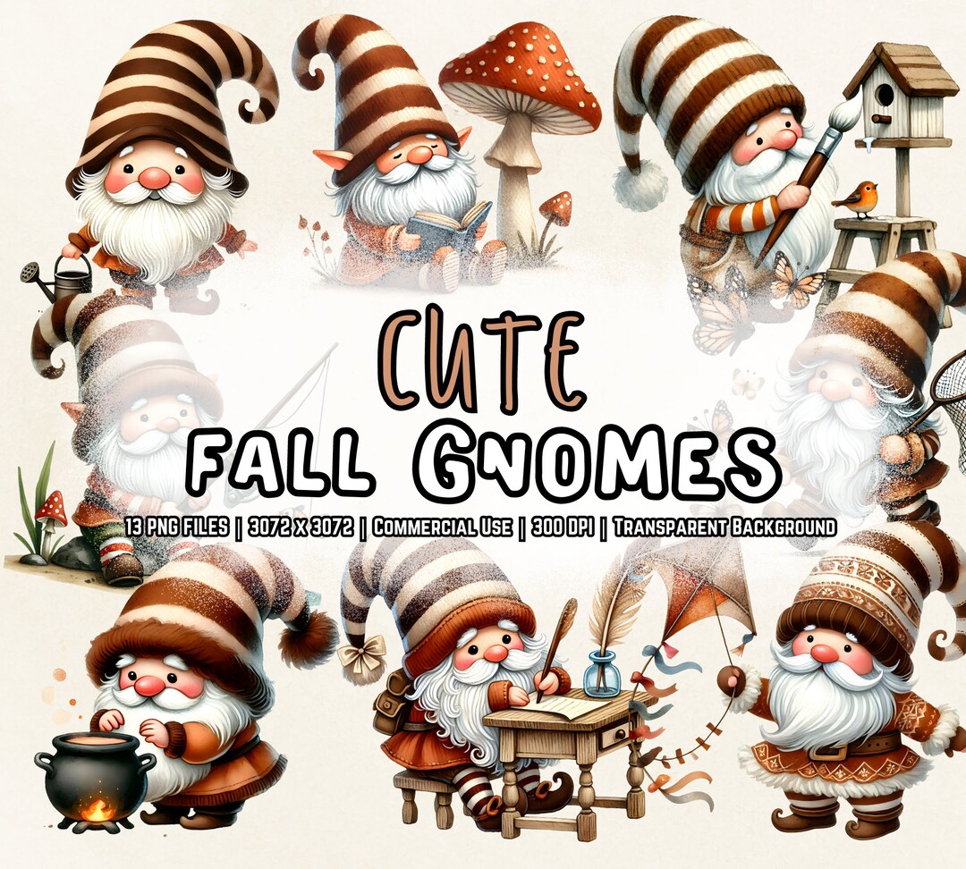 Watercolor Cute Fall Gnomes Clipart PNG Bundle: Boho and Nordic Gnomes ...