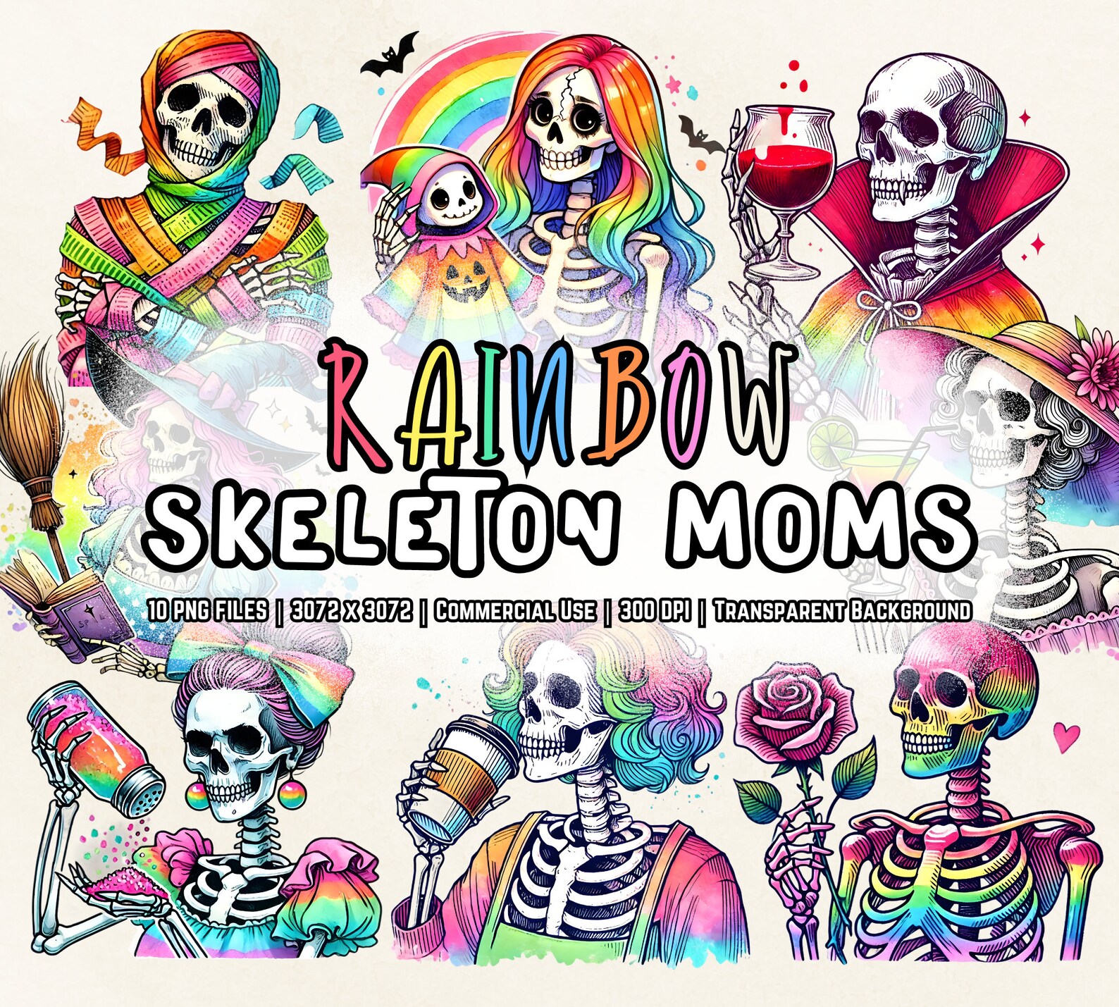Watercolor Halloween Rainbow Skeleton Mom Sarcastic Skeleton Mom Life ...