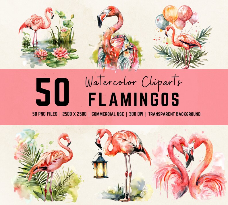 Flamingos Watercolor Clipart Bundle: Cute Pink Flamingo Designs ...