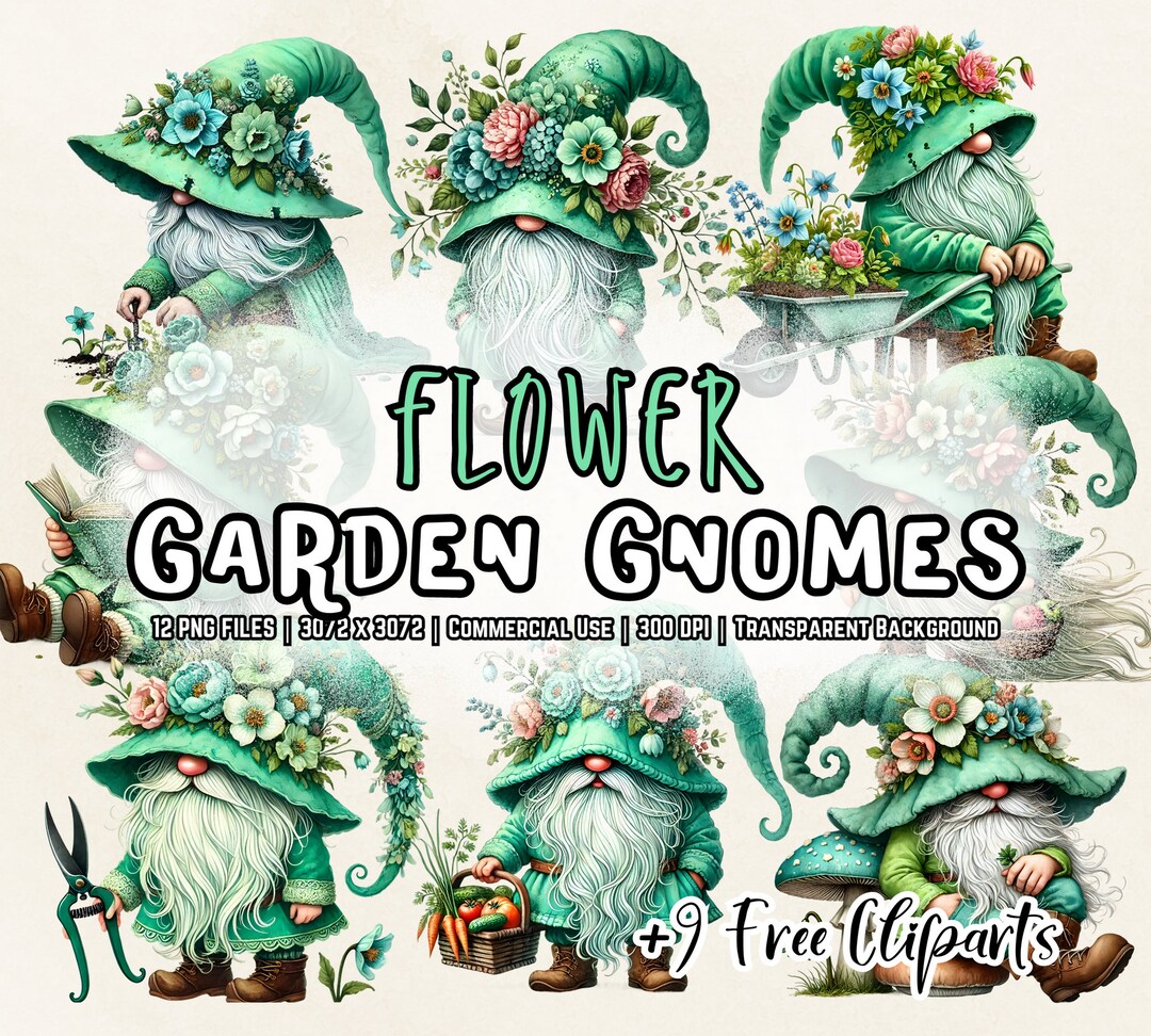Garden Gnomes Clipart: Floral and Flower Gnomes PNG for Spring, Perfect ...