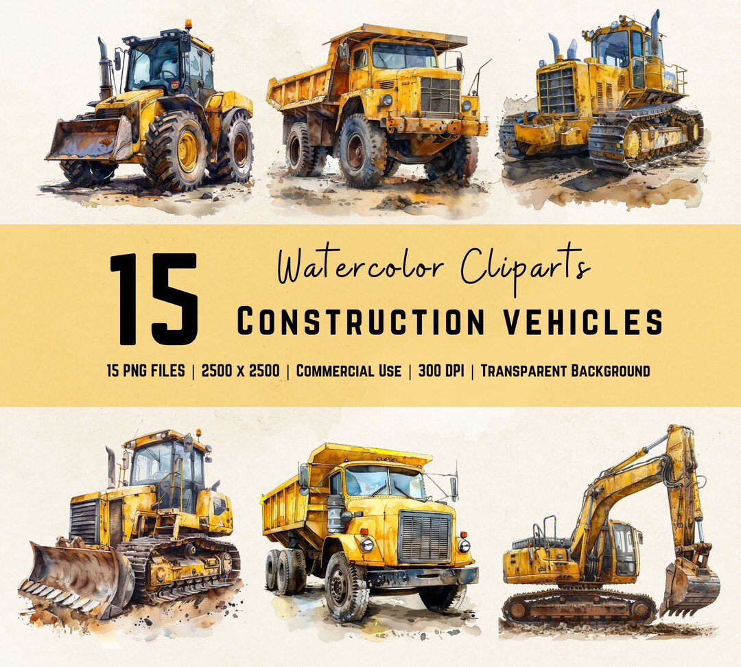 Construction Vehicles Watercolor Cliparts | Bulldozer Clipart ...