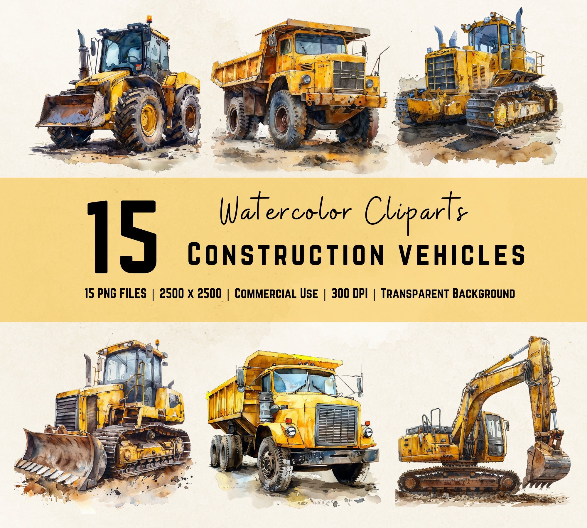 Construction Vehicles Watercolor Cliparts | Bulldozer Clipart ...