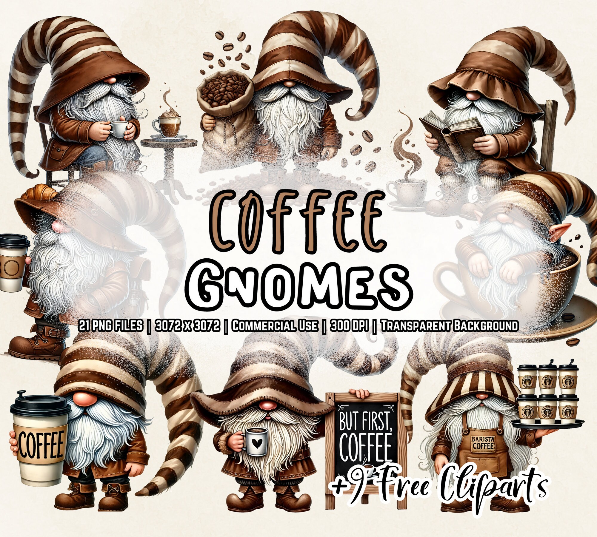 Watercolor Coffee Lover Gnome PNG Clipart Bundle: Cute Coffee Gnome ...