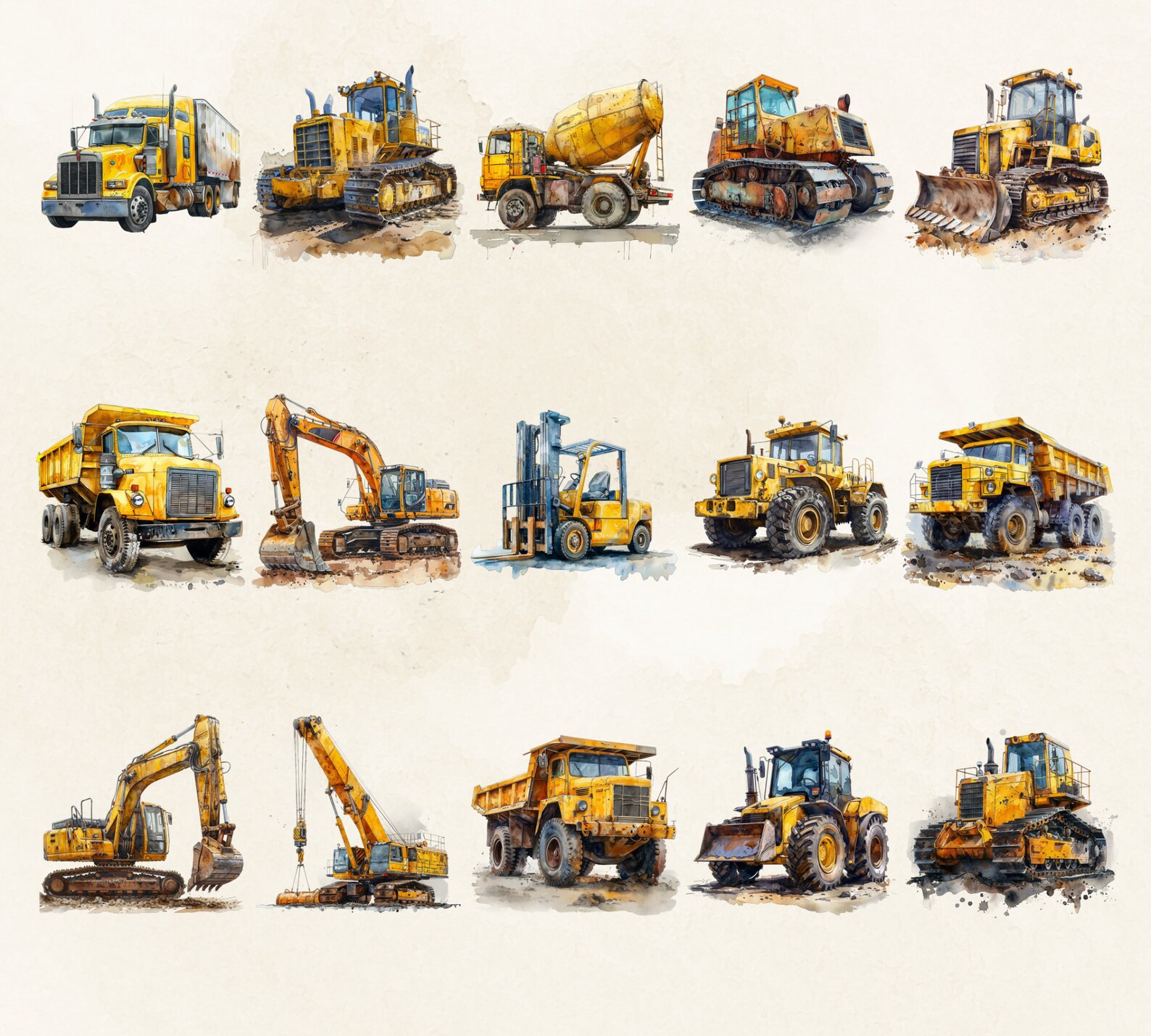Construction Vehicles Watercolor Cliparts Bulldozer Clipart Excavator ...