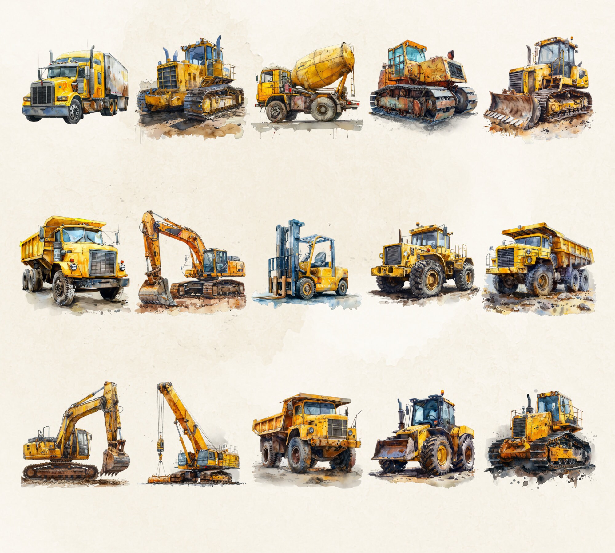 Construction Vehicles Watercolor Cliparts Bulldozer Clipart Excavator ...