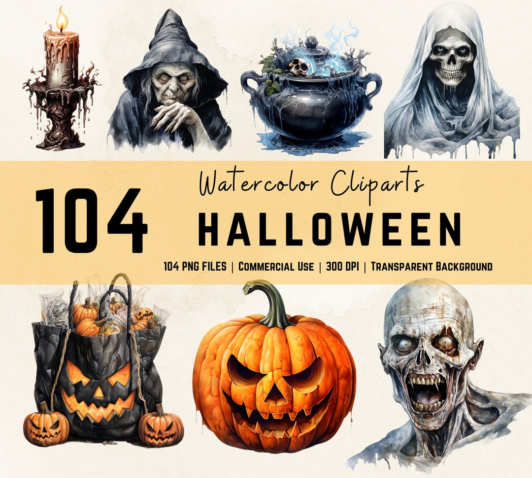 Scary Halloween Watercolor Clipart Bundle: Creepy Halloween Pngs ...