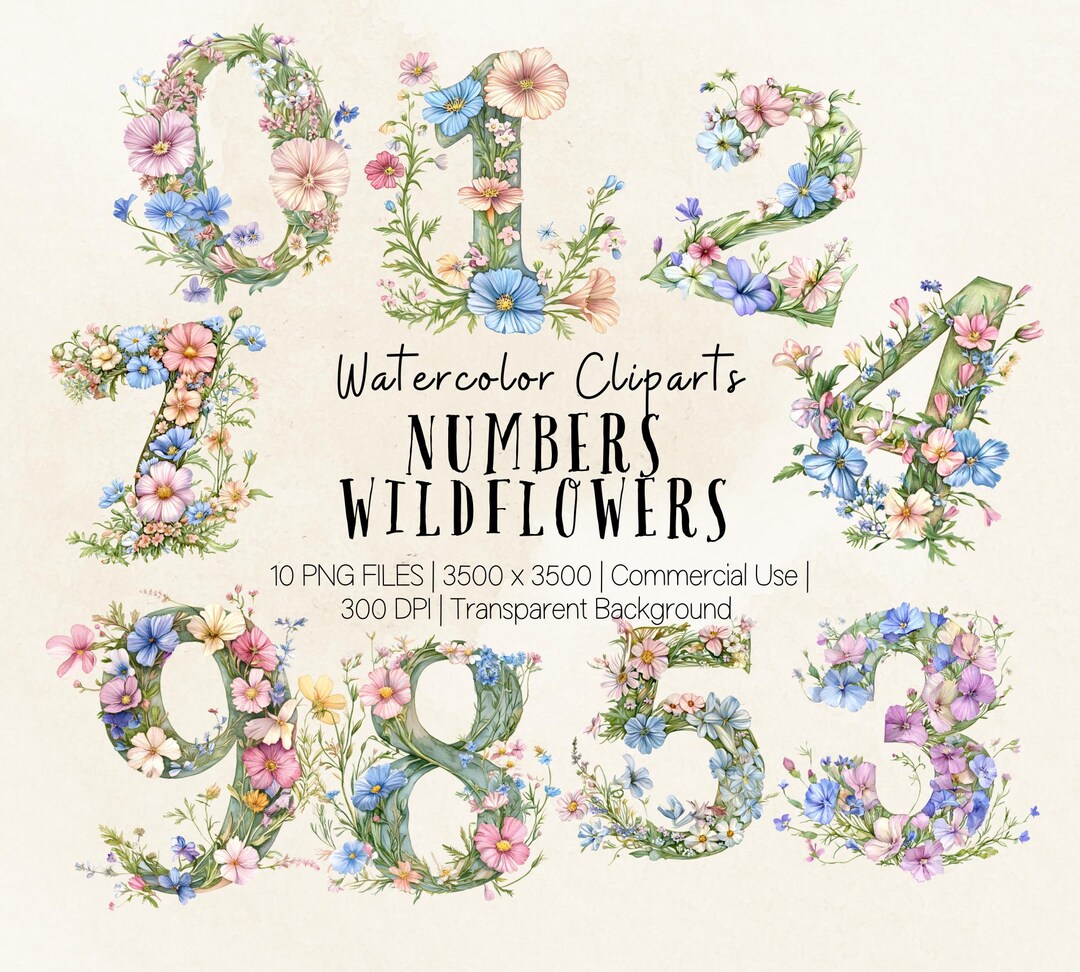 Watercolor Wildflower Numbers PNG, Floral Digits Clipart, Birth Month ...