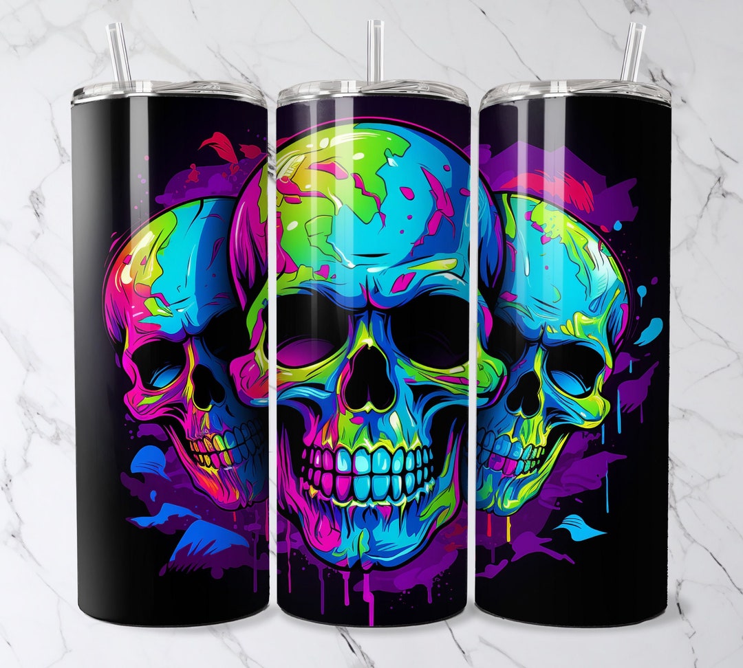 Neon Skull Halloween Tumbler Wrap, Spooky Neon Skulls PNG, 20oz Skinny ...