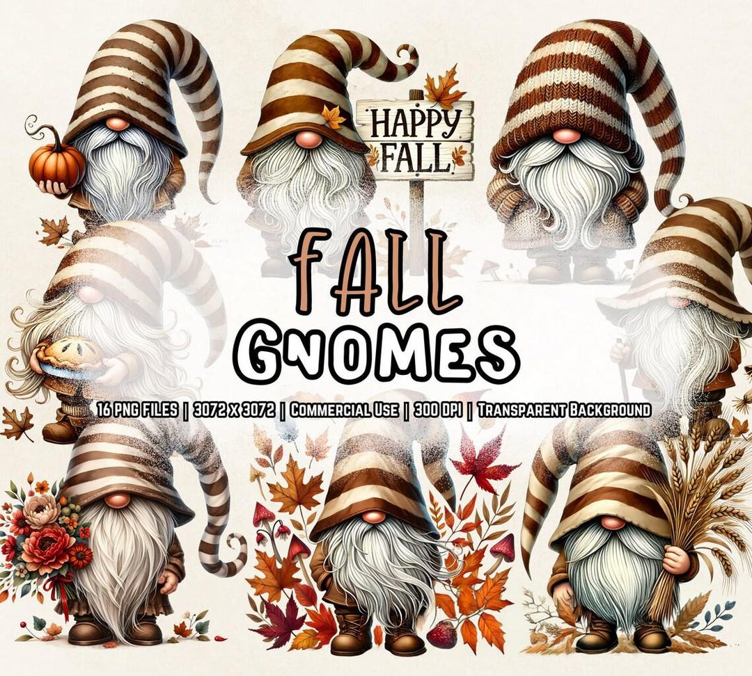 Watercolor Happy Fall Gnome Clipart PNG Bundle: Boho Gnomes, Festive ...