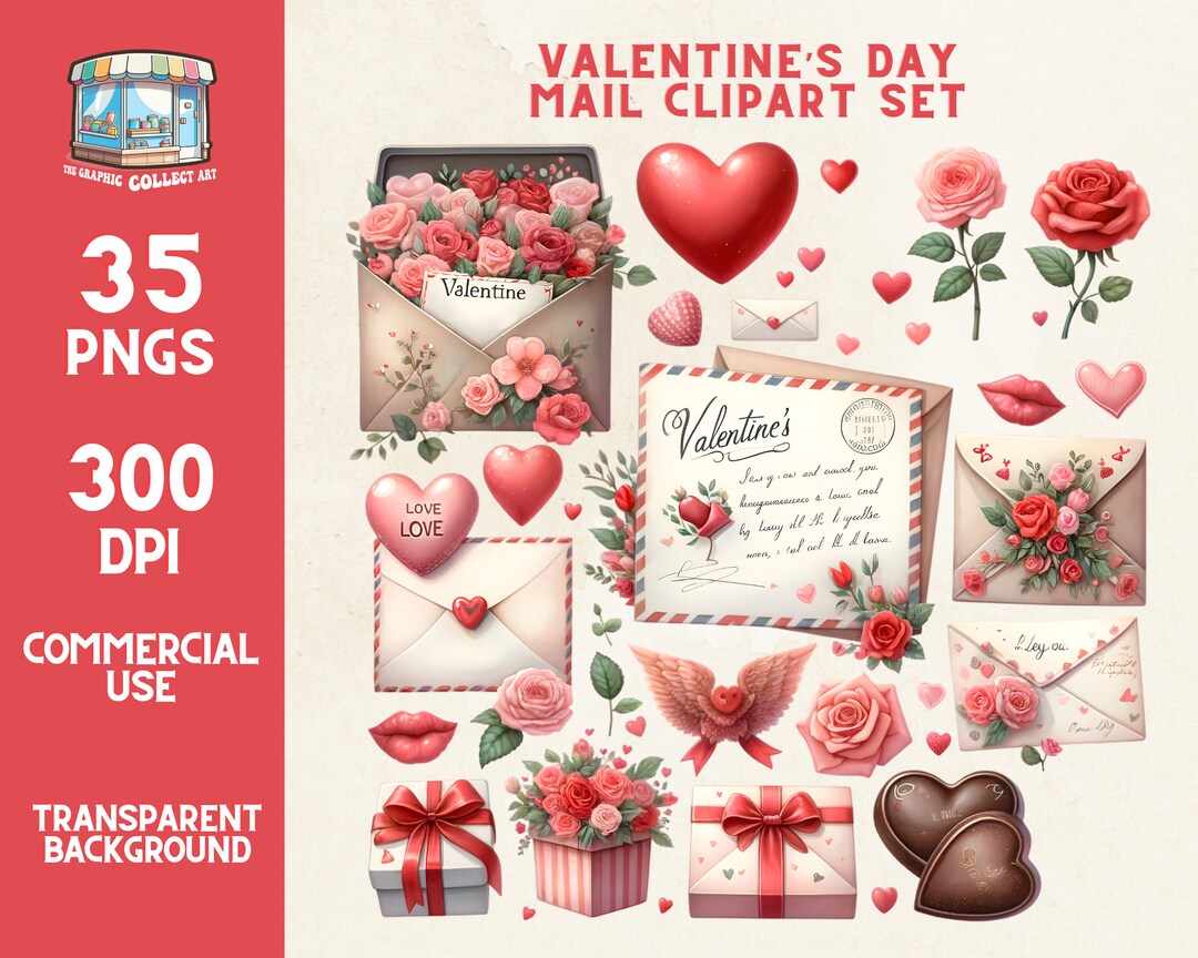 Watercolor Valentine's Day Mail Cliparts, Heart PNG Cliparts, Love ...