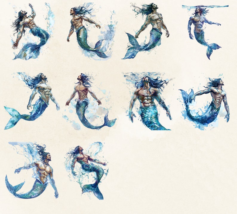 Mermaid Man Watercolor Cliparts Mermaid Man Art Merman Clipart Mermaid ...