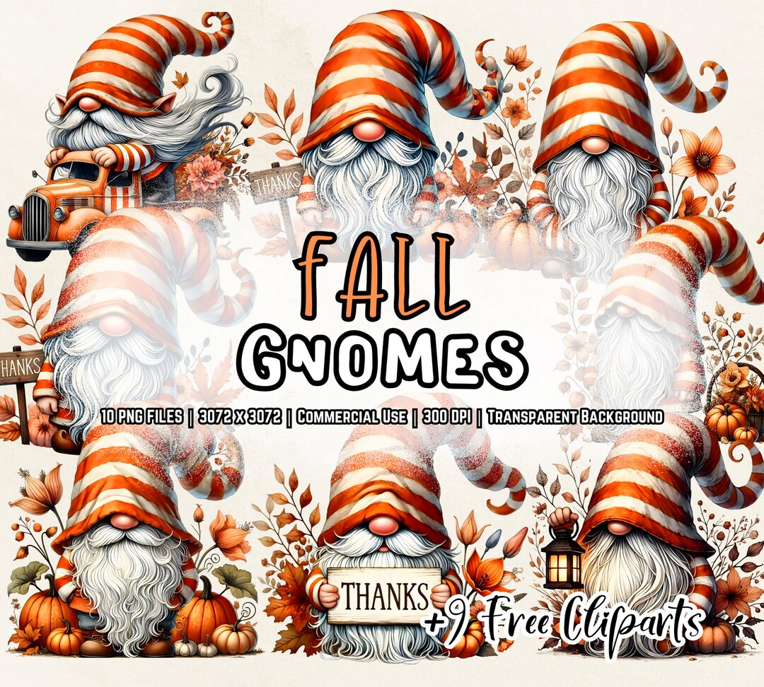 Watercolor Fall Gnomes Clipart PNG Bundle, Autumn Pumpkin Gnomes ...