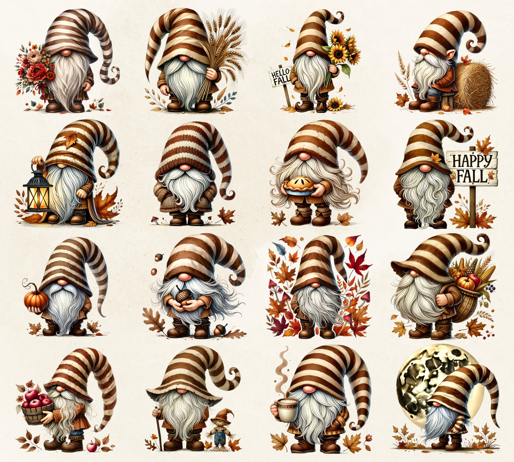 Watercolor Happy Fall Gnome Clipart PNG Bundle: Boho Gnomes, Festive ...