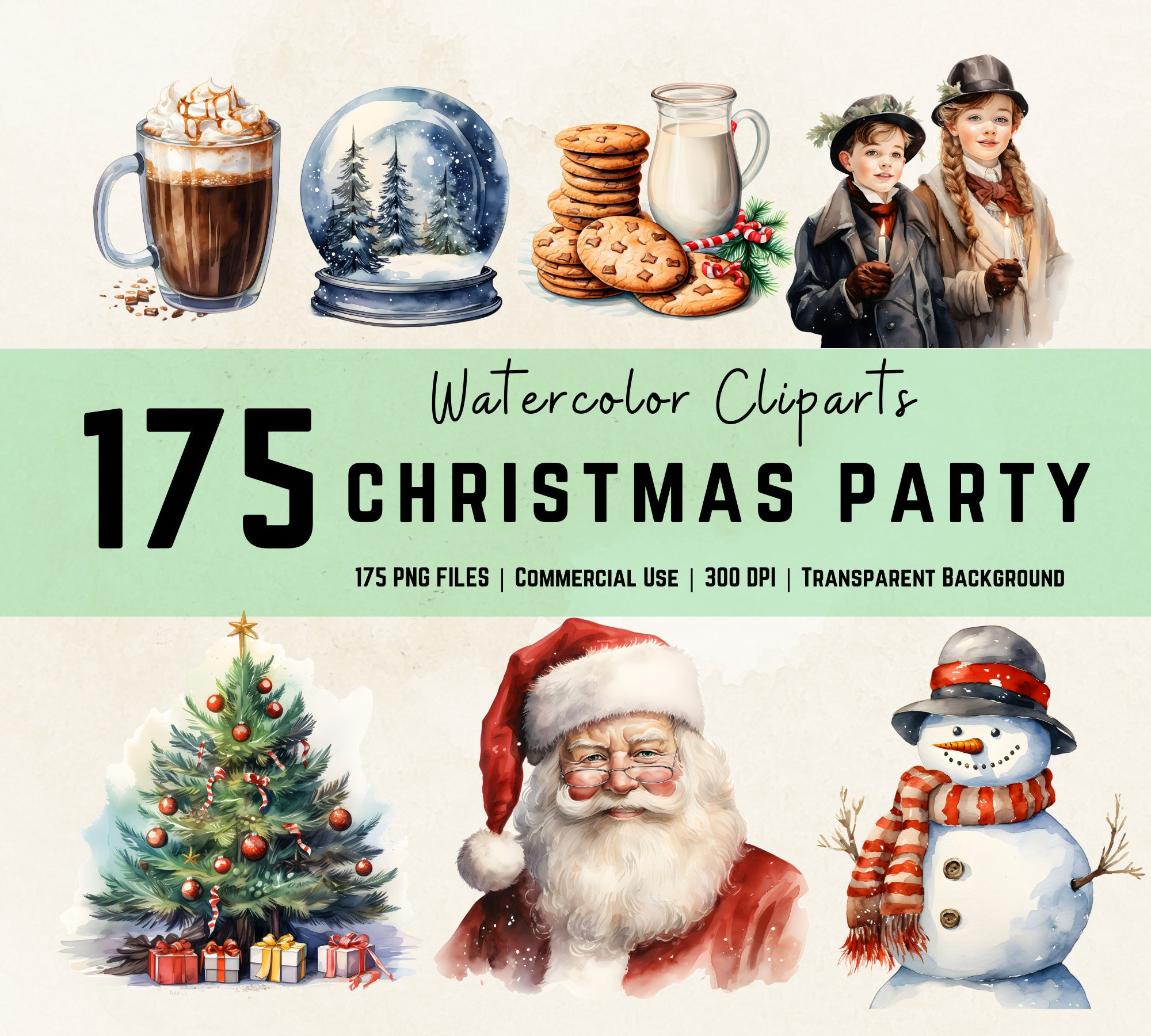 175 Christmas Party Watercolor Clipart Bundle: Festive Holiday ...
