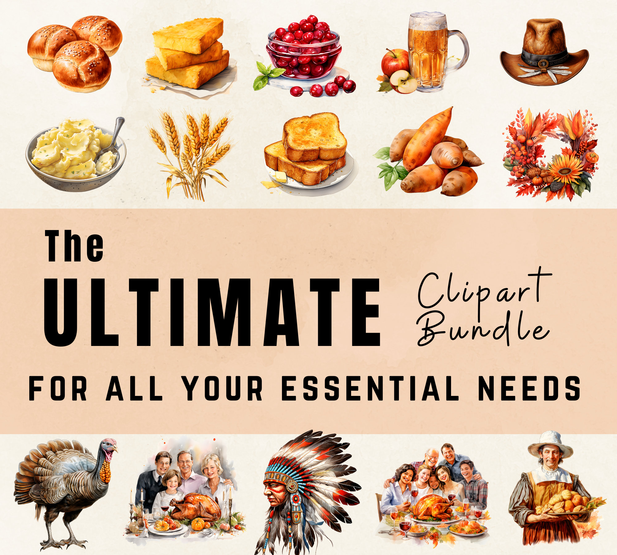 Thanksgiving Watercolor Clipart Bundle: Festive Harvest, Pumpkin ...