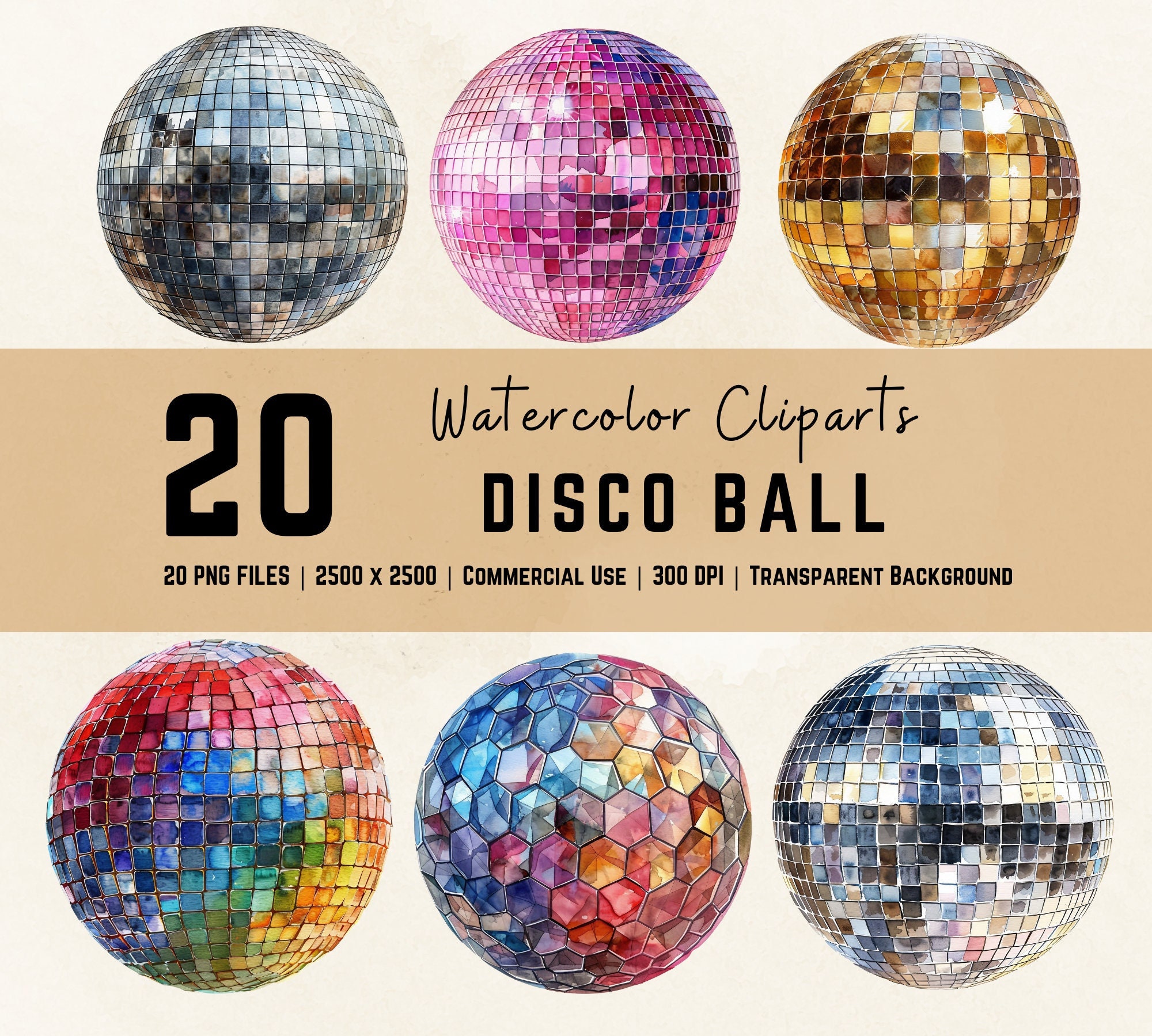 Watercolor Disco Ball Clipart for 70s Party Decor and 80s Dance Mirror ...