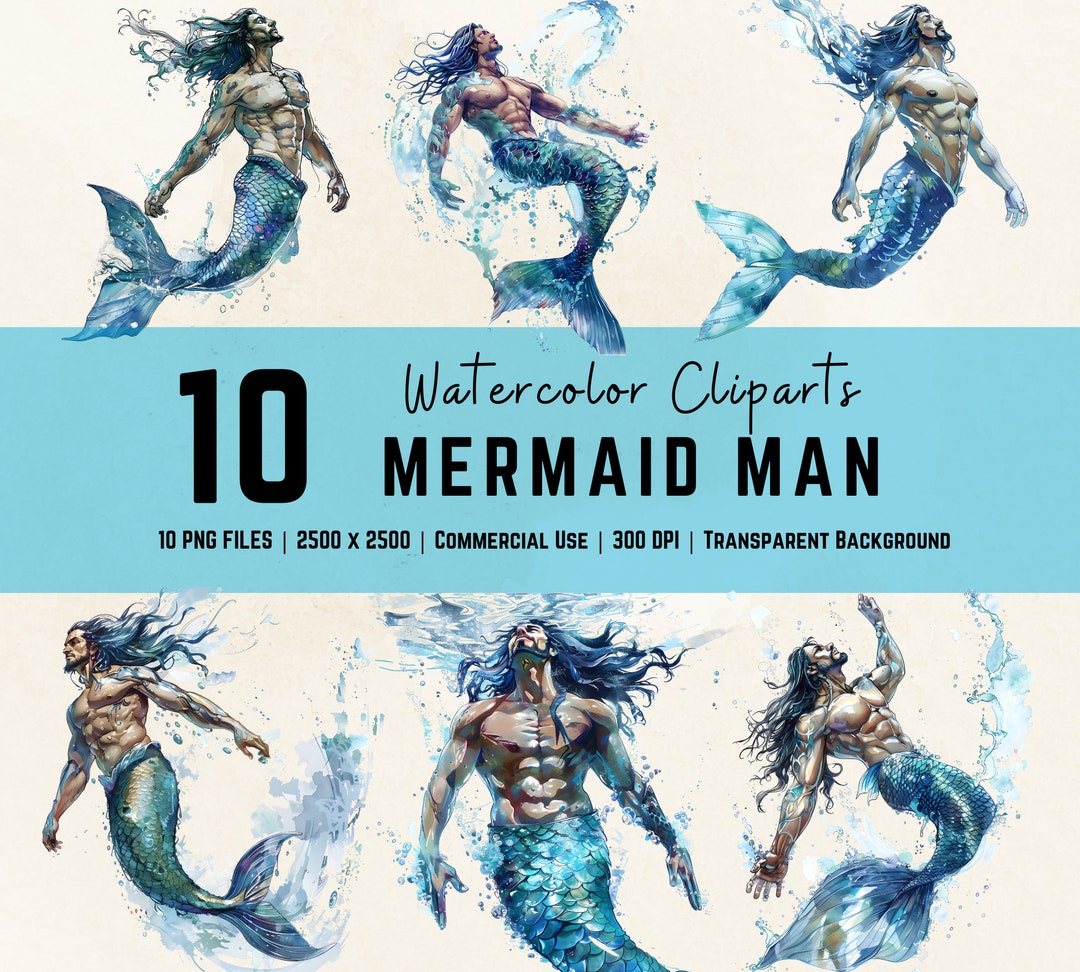 Mermaid Man Watercolor Cliparts Mermaid Man Art Merman Clipart Mermaid ...