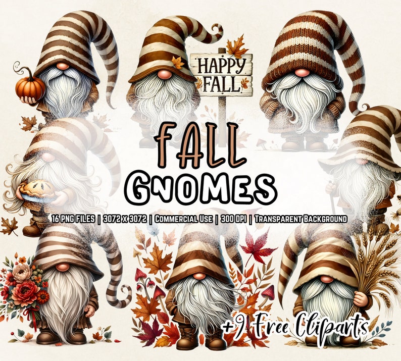 Watercolor Happy Fall Gnome Clipart PNG Bundle: Cute Boho Gnomes ...
