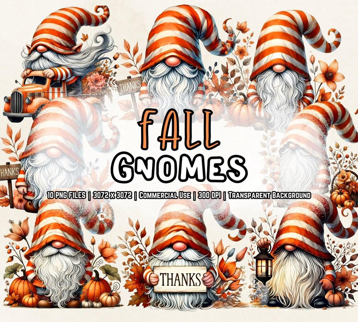 Watercolor Fall Gnomes Clipart PNG Bundle, Autumn Pumpkin Gnomes ...
