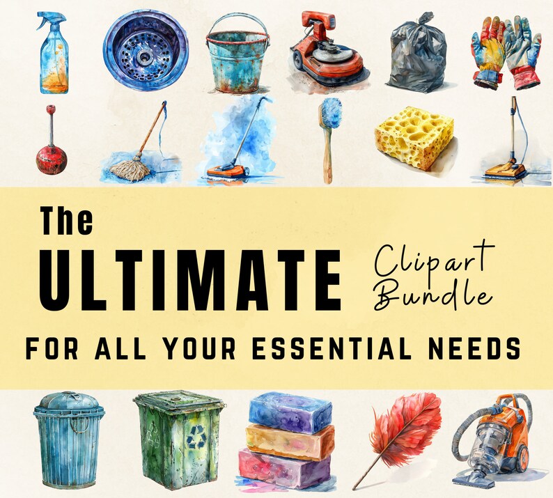 Watercolor Cleaning Clipart Bundle | Chore Clipart | Cleaning Clipart ...