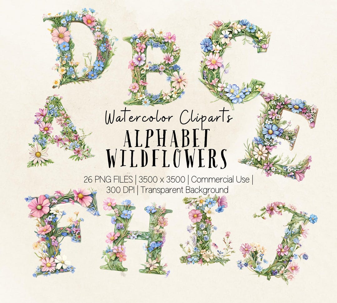 Wildflower Alphabet PNG Clipart Bundle, Floral Botanical Watercolor ...
