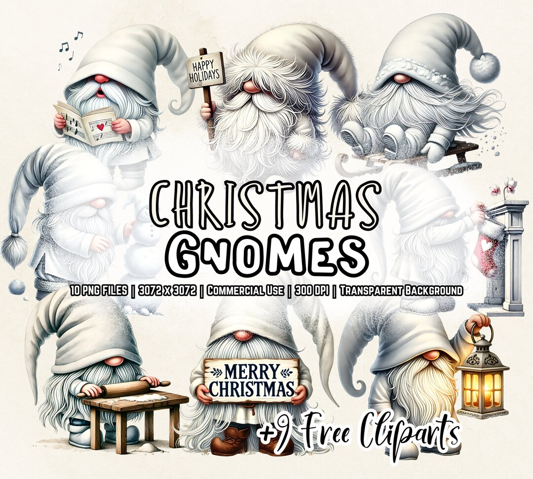 Watercolor White Christmas Gnomes Clipart PNG Bundle, Scandinavian ...