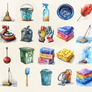 Watercolor Cleaning Clipart Bundle | Chore Clipart | Cleaning Clipart ...
