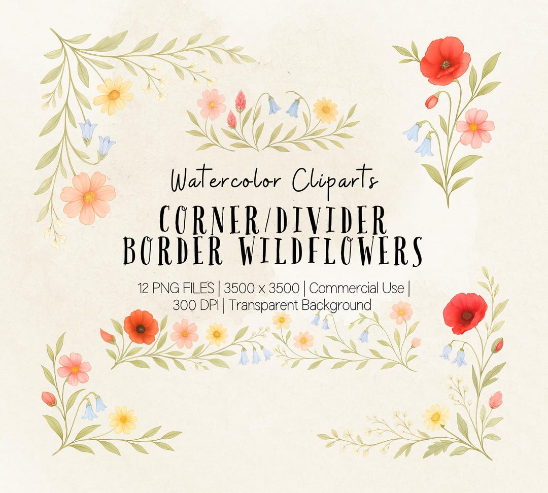 Wildflower Border PNG Bundle, Floral Frames Corner Dividers, Watercolor ...