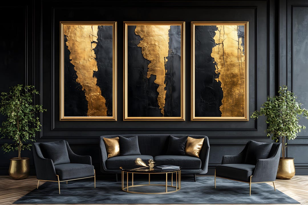 Black and Gold, Seto of 3, Abstract Print, Luxury Wall Art, Modern Wall ...