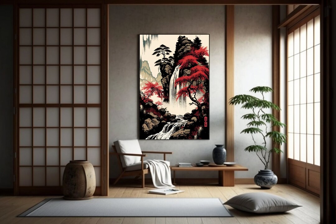 Waterfall Wall Art, Japanese Style, Digital Art Print, Japanese Wall ...