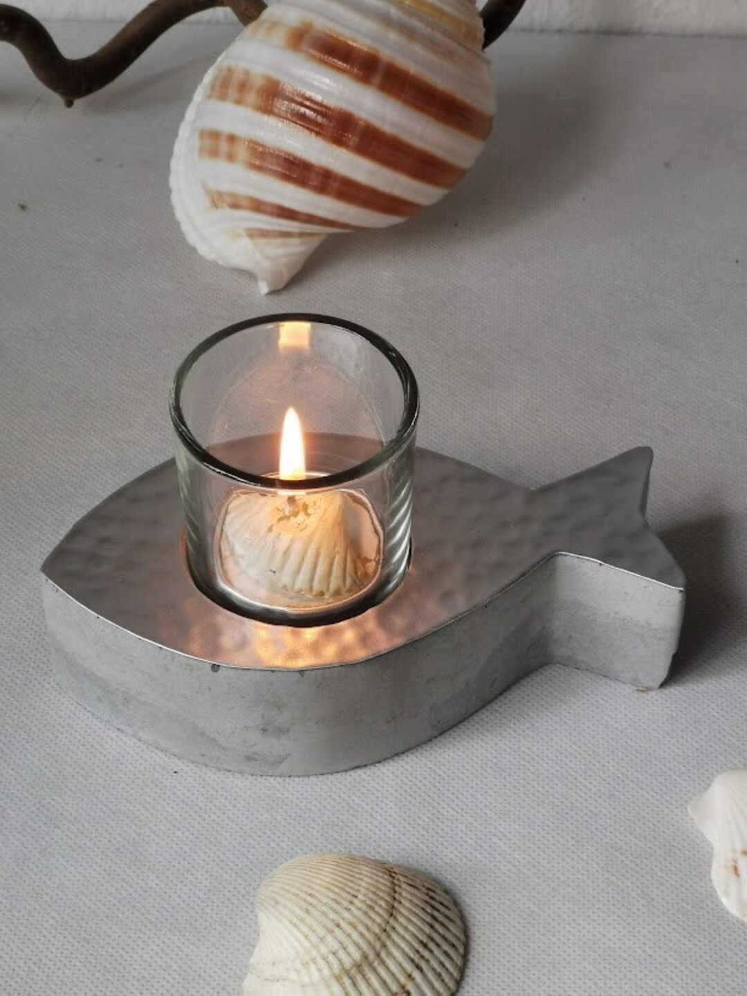 2 Fish Candle Holders in Cement With Metal Plate Applied Above, Hand ...