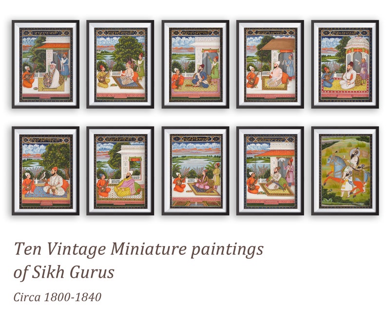 SET OF TEN Miniature Paintings of Sikh Gurus, Punjab, Guru Nanak Dev Ji ...