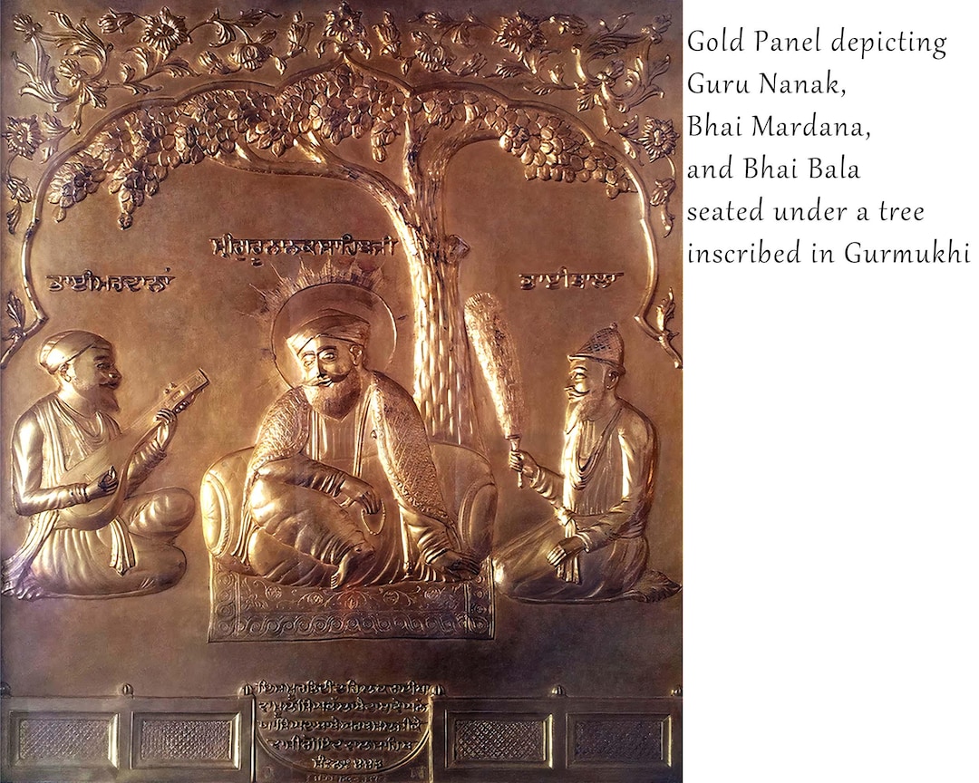 Gold Panel of Guru Nanak, Bhai Mardana, Bhai Bala Seated Under a Tree ...