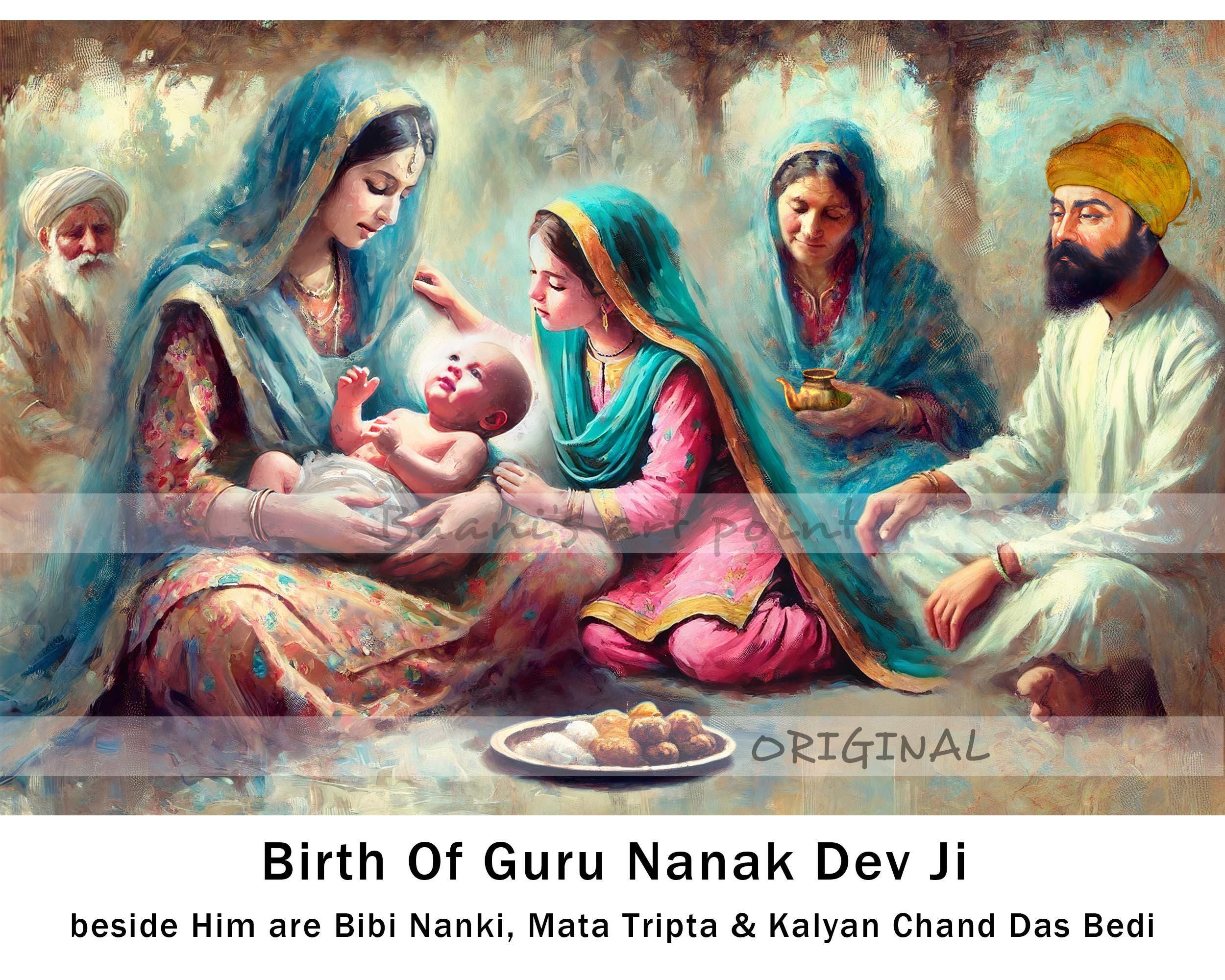 Birth of Guru Nanak Dev JI Maharaj, Bibi Nanki, Mata Tripta, Gurpurab, Sikh Wall Art, Punjabi ...