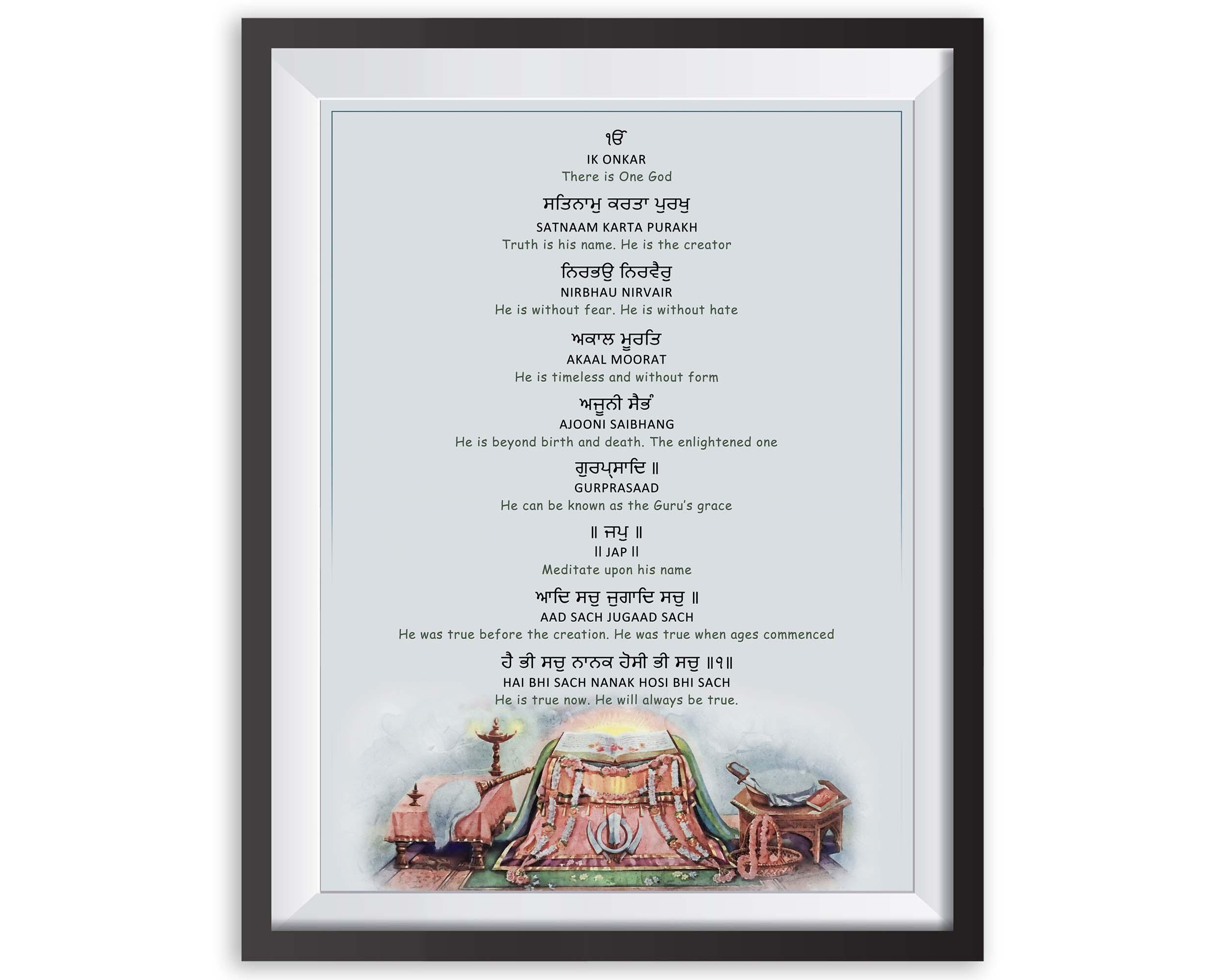 Mool Mantar Art in Gurmukhi, English Translation and Meaning, Sikh Wall ...