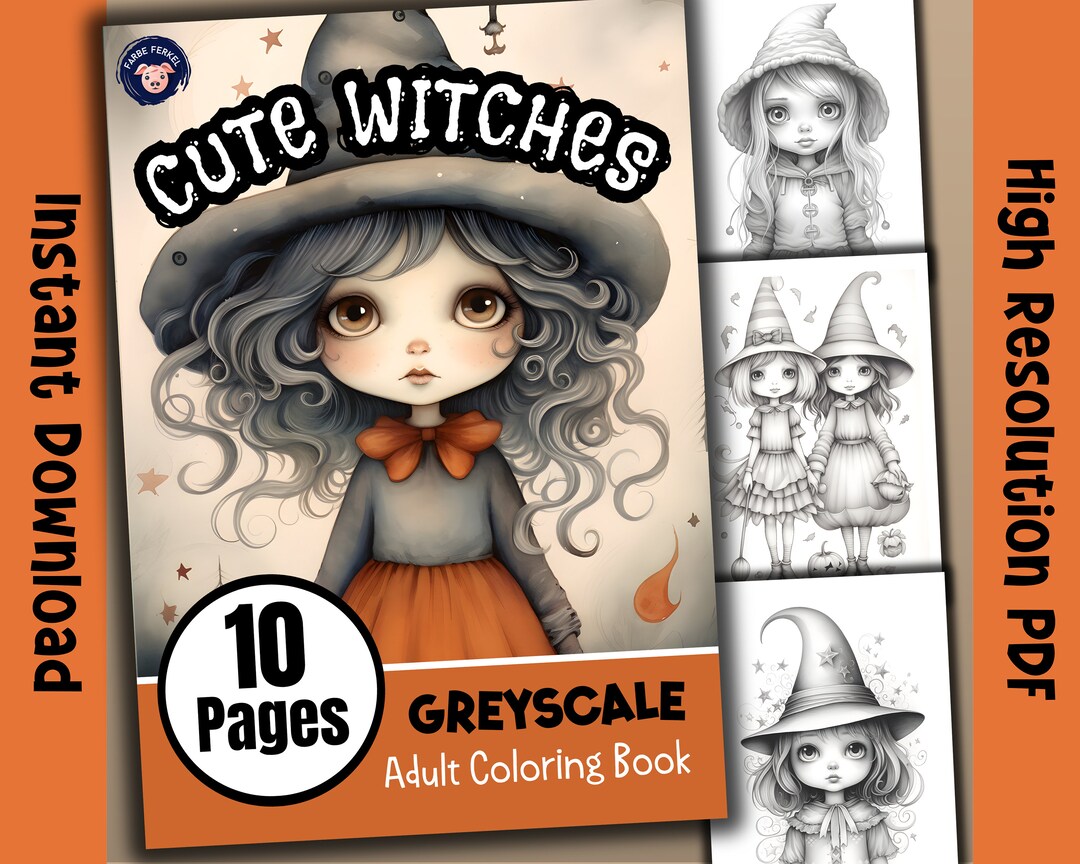 Cute Witches Greyscale Adult Colouring Pages Witch Coloring Sheet ...