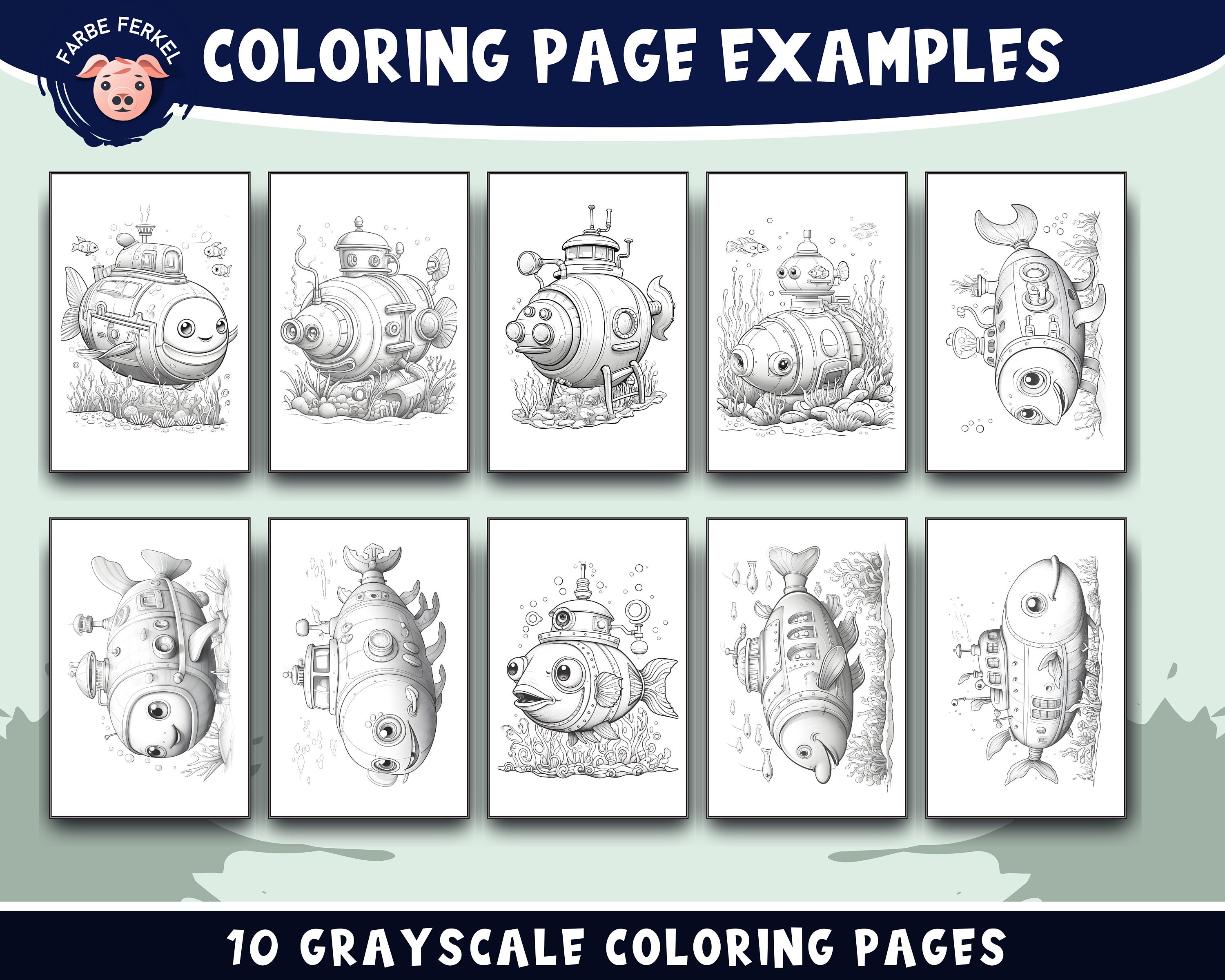 Little Submarines Greyscale Coloring Book Coloring - Etsy